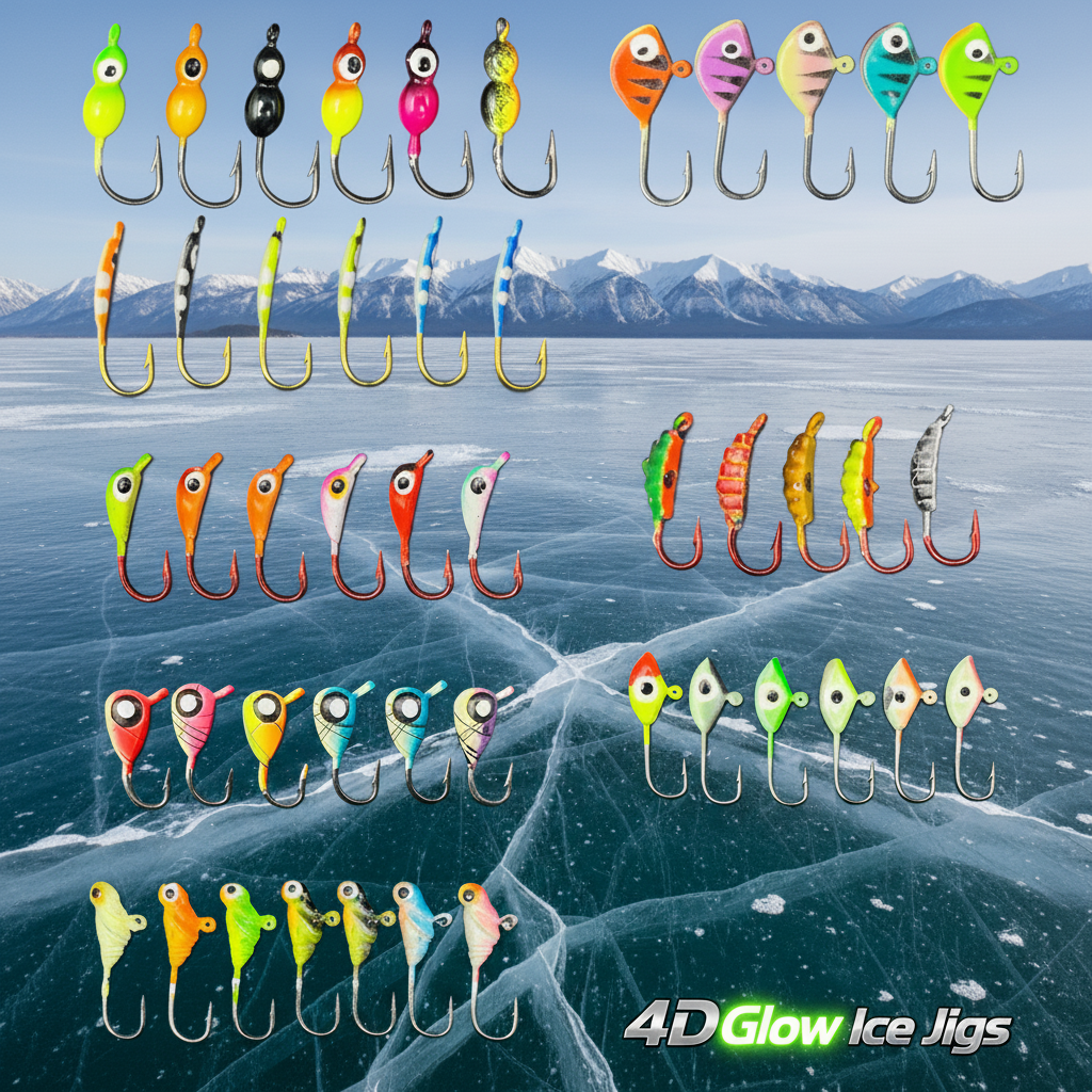 Ice Fishing 4D Glow Jigs - Various Sizes & Shapes - 53 jig VALUE PACK ...